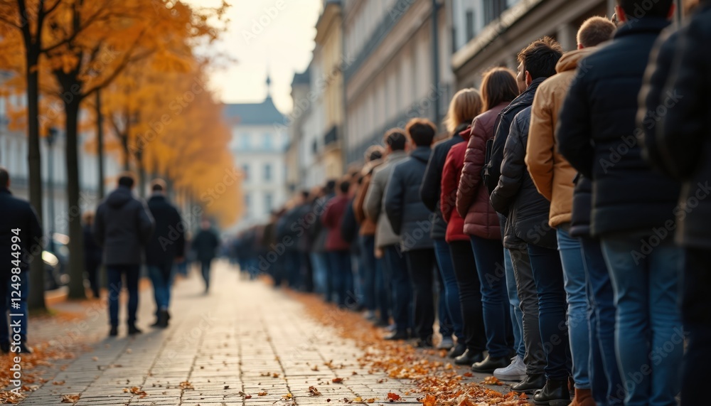 Large queue of people waiting in line outdoors on city street. European ...