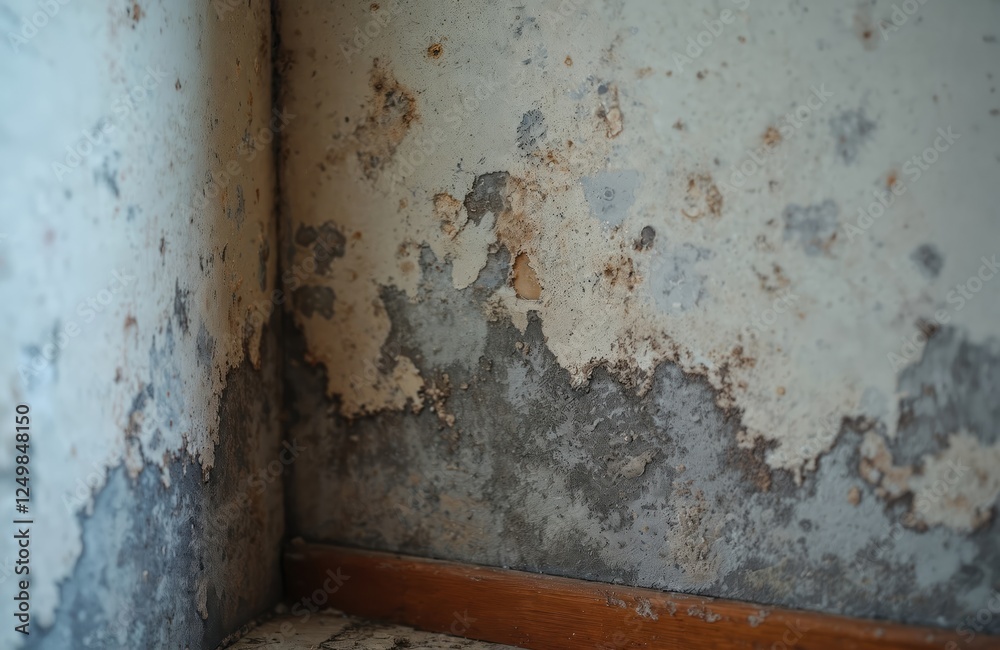 Moldy, fungus-ridden wall corner shows high humidity damage. Interior ...