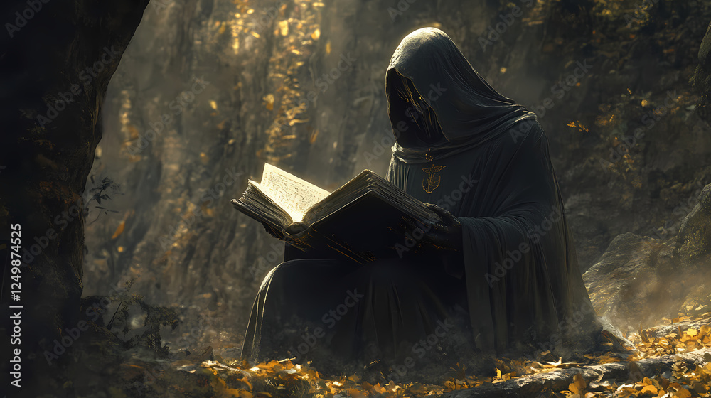 A mysterious cloaked figure reads an ancient tome. ideal for fantasy ...