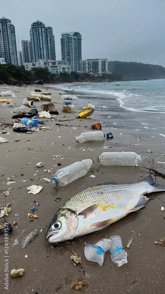 Dead fish on polluted beach with plastic waste Stock Photo | Adobe Stock