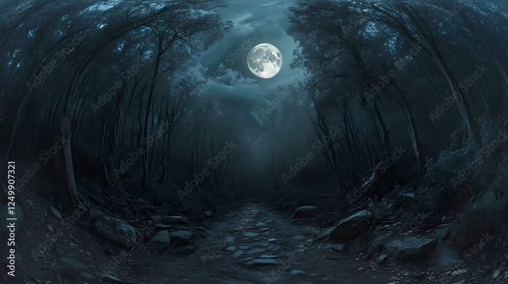 degree, dark forest path illuminated by the moon, with ghostly ...
