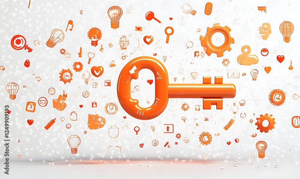 Unlock Innovation, Abstract orange key floating in a realm of ideas and ...