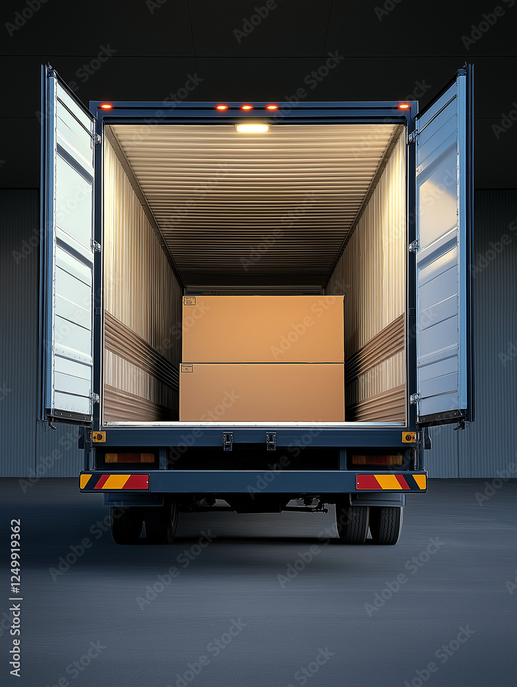 freight truck with open doors reveals stacked cardboard boxes inside ...