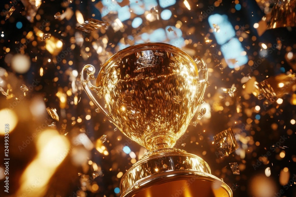 Golden Champion Award Trophy on Pedestal with Confetti Celebration ...