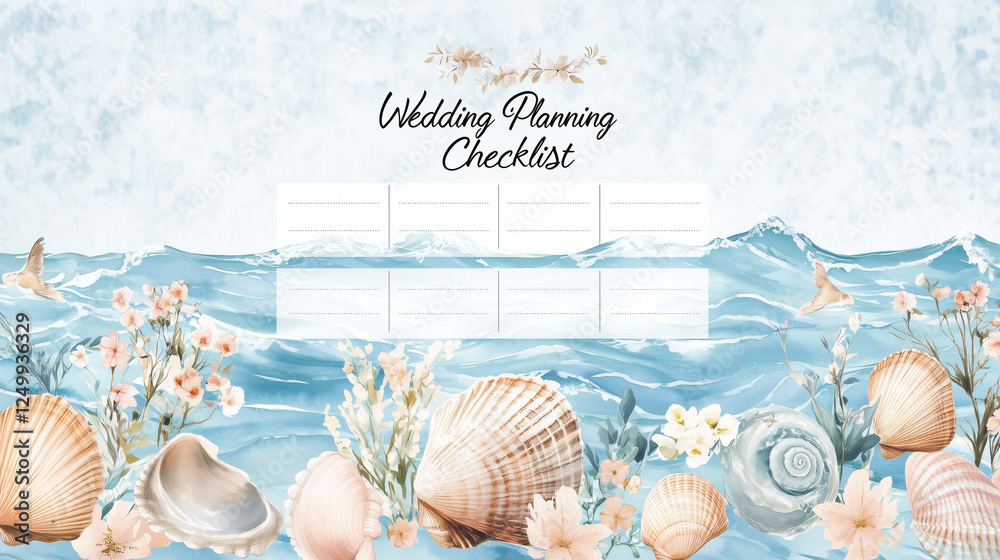 A unique seaside-themed wedding planning checklist with watercolor ...