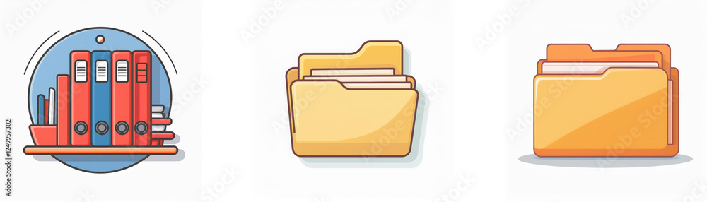 Three office icons: shelf with binders inside a circle, open folder ...