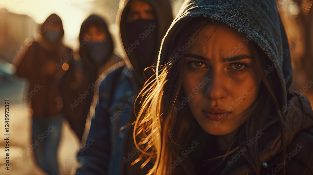 Young vulnerable woman with haunted expression in golden twilight ...