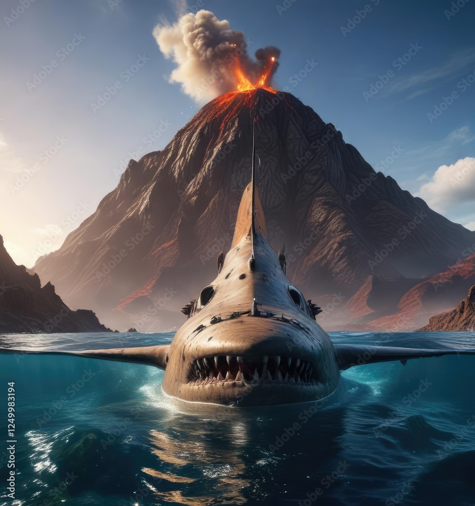 Detailed image of a shark-dive submarine in front of a massive ...