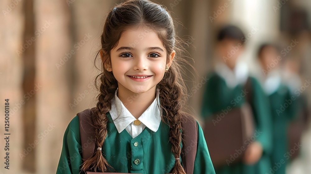 Smiling young Pakistani girl wearing traditional shalwar kameez school ...