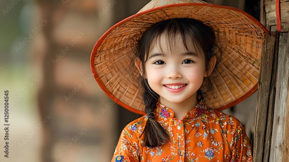 Cheerful and radiant Vietnamese girl wearing a traditional ao dai dress and conical hat ...