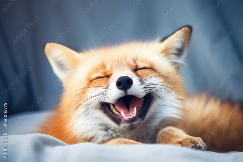 Happy smiling red fox close up portrait on blue background. Laughing ...