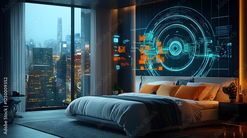 Futuristic of a smart home router spreading wireless network signals ...