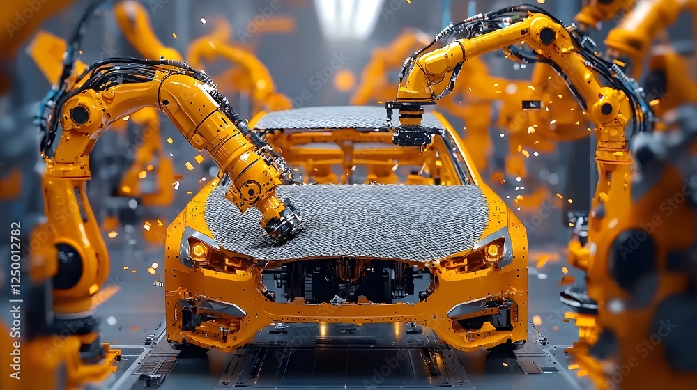 Robotic arms precisely molding a carbon fiber car hood in an advanced ...