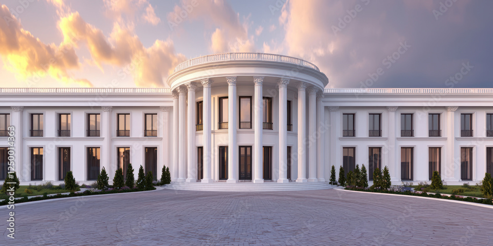 Luxurious mansion with circular driveway and elegant columns, showcasing stunning architecture ...