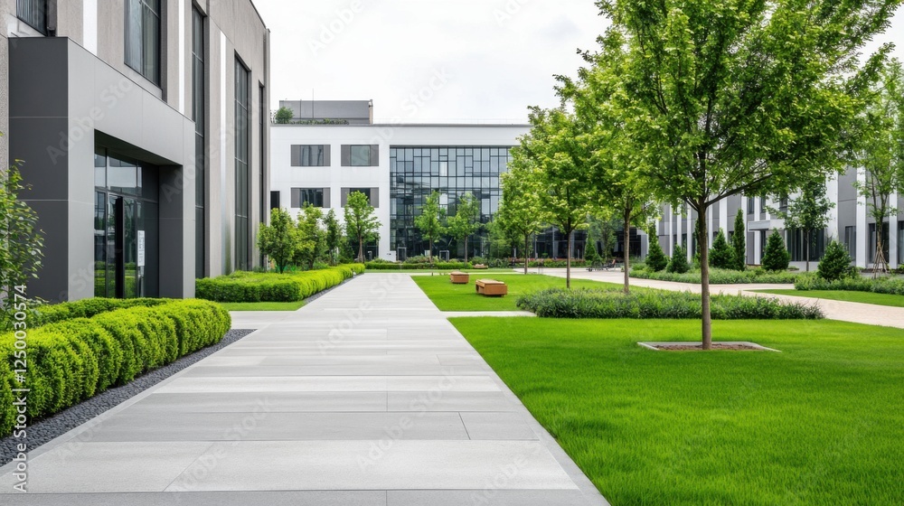Modern office building exterior with green landscape and serene pathway ...