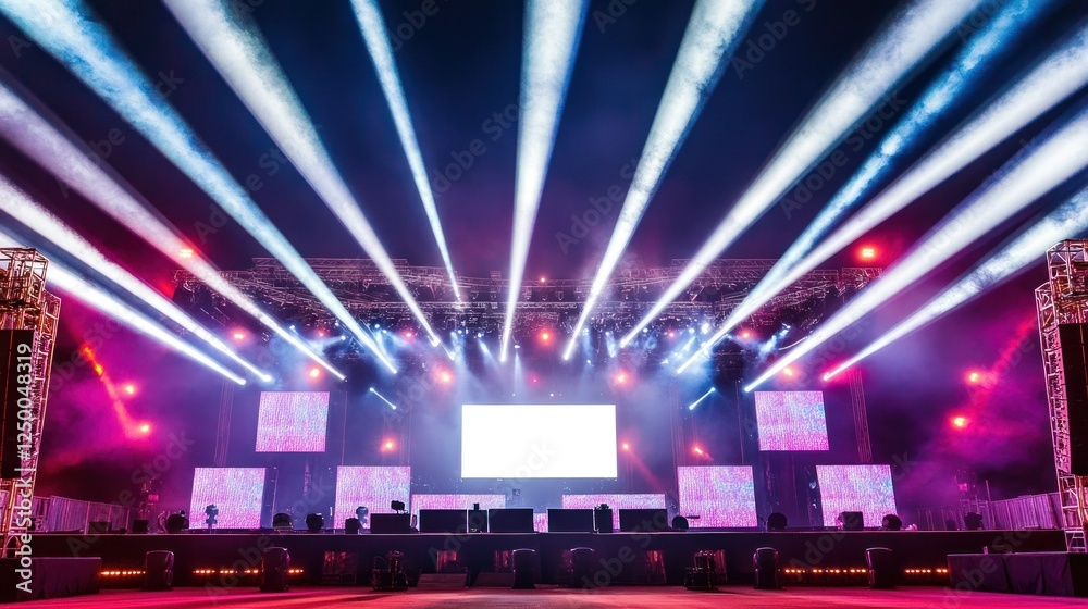 Festival stage is open-air with an ultra-wide white screen ...