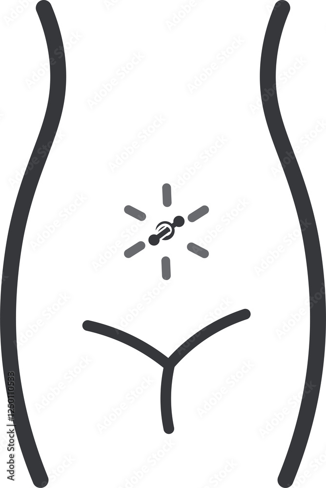 Isolated outline pictogram piercing on belly button, jewel on curve ...