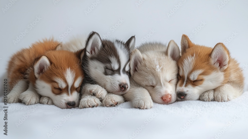 Four siberian husky puppies sleeping together in a cozy huddle on a ...