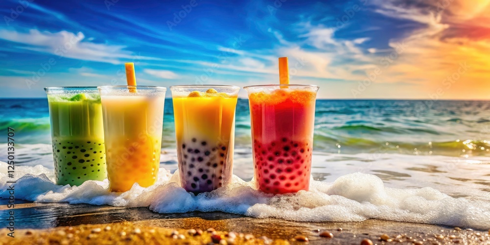 Taiwanese milk tea and fruity boba dance in coastal light trails. Stock ...