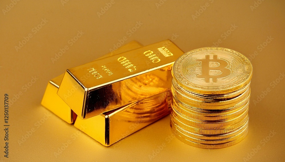 Gold bars and Bitcoin stack on gold background. Digital vs. traditional ...