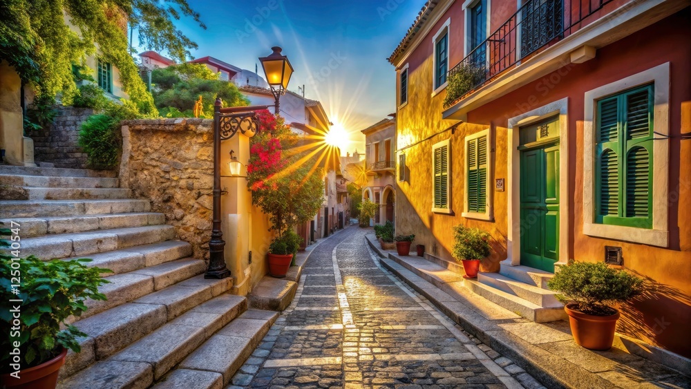 Ilustración de Stock Athens Pedestrian Footway, Greek Street Scene ...