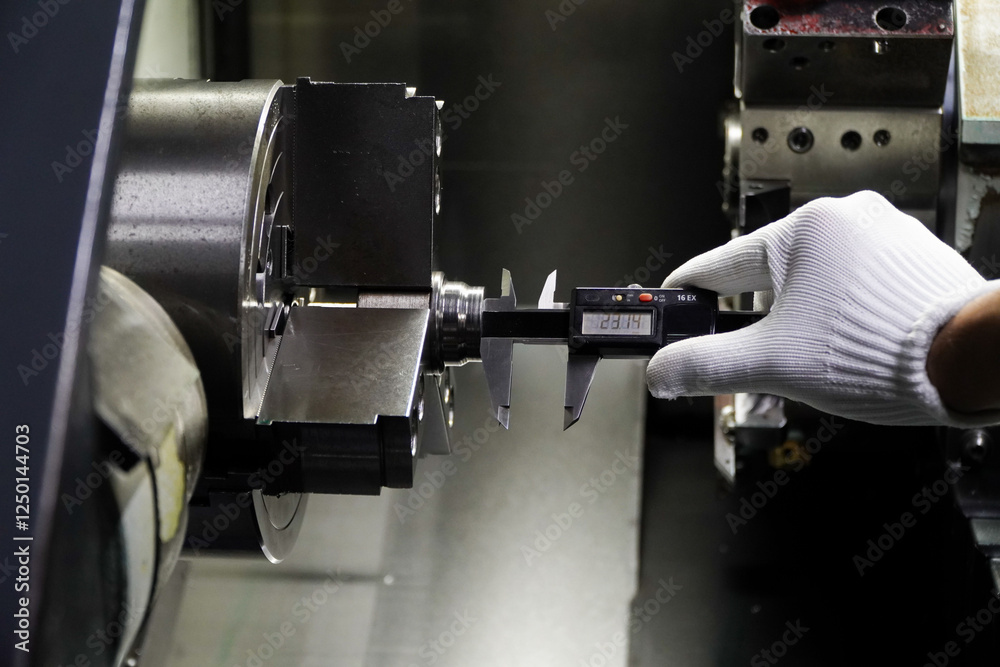 Quality control manufacturing,Engineer's hand measuring metal parts ...