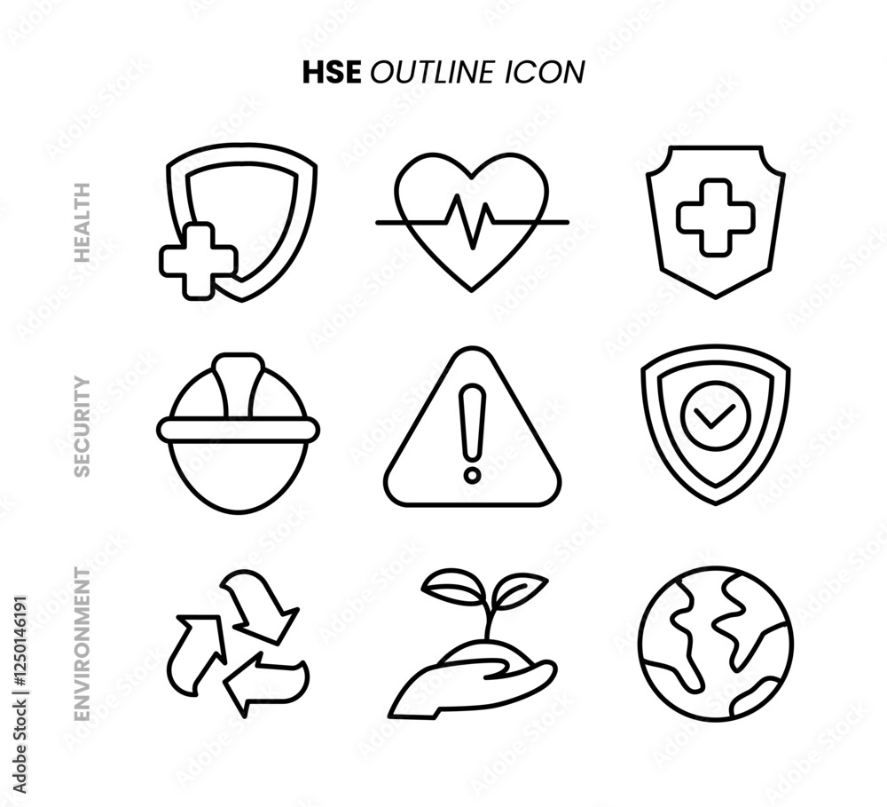 HSE icons outline as Health, Security and Environment acronym ...
