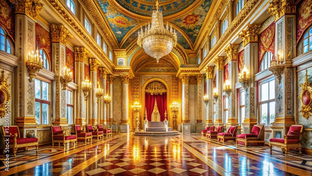 Grand Palace Hall: Panoramic View of Golden Throne Room with Marble ...