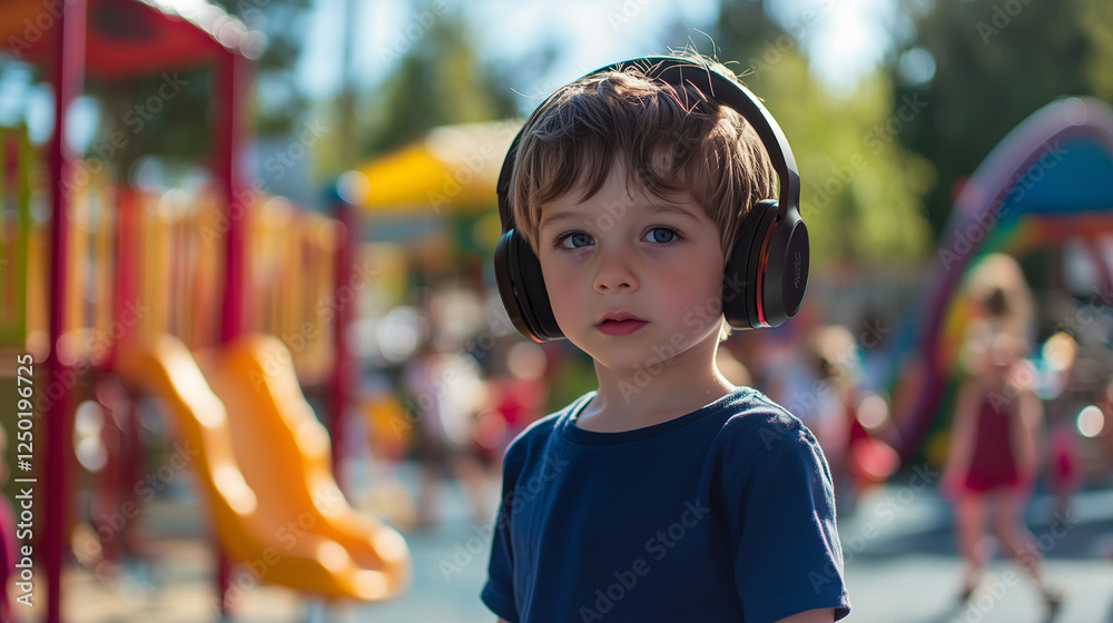 Little boy wearing noise cancelling headphones in a crowded playground ...