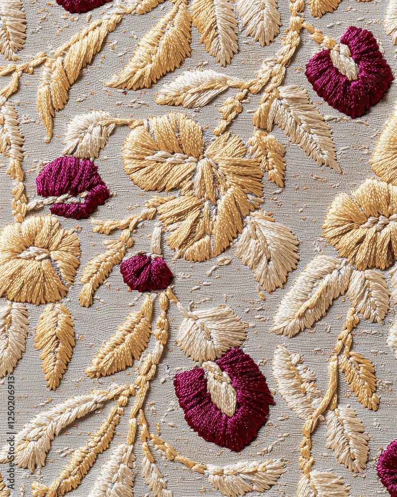 Detailed floral embroidery pattern featuring golden leaves and red ...