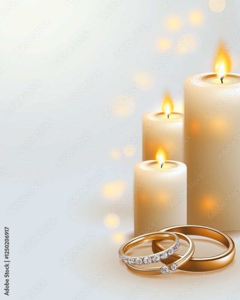 Elegant gold wedding rings and glowing candles on soft background for ...