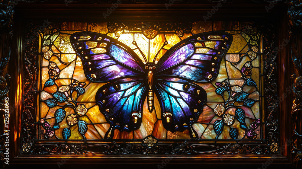 Majestic stained glass butterfly window glowing in sunlight intricate ...