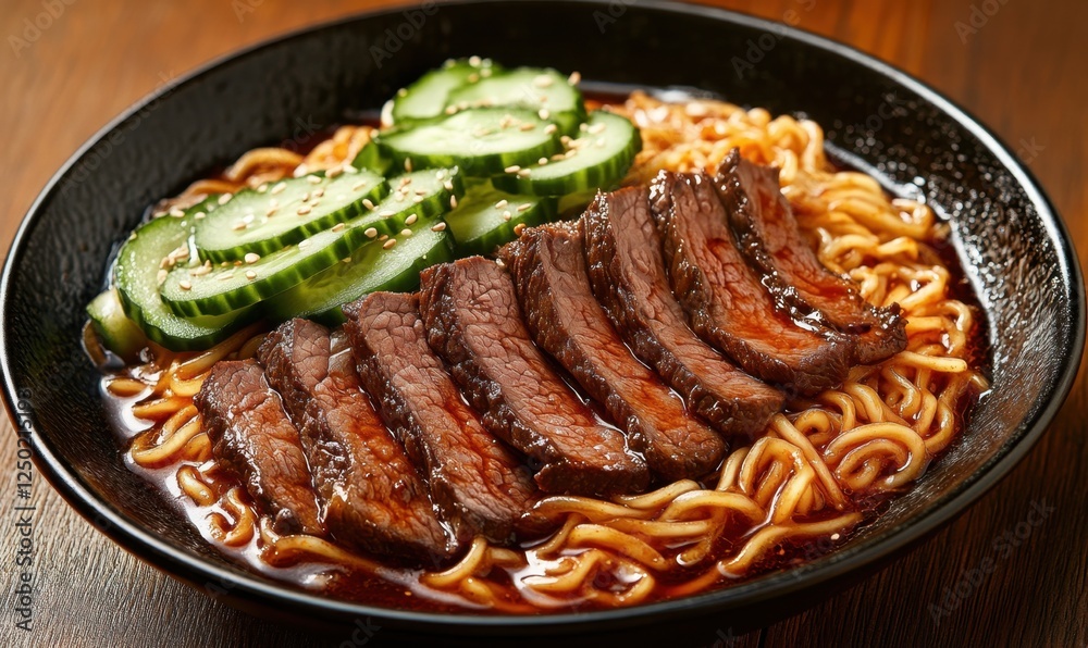 Beef ramen noodles with cucumber, delicious Asian cuisine, restaurant ...