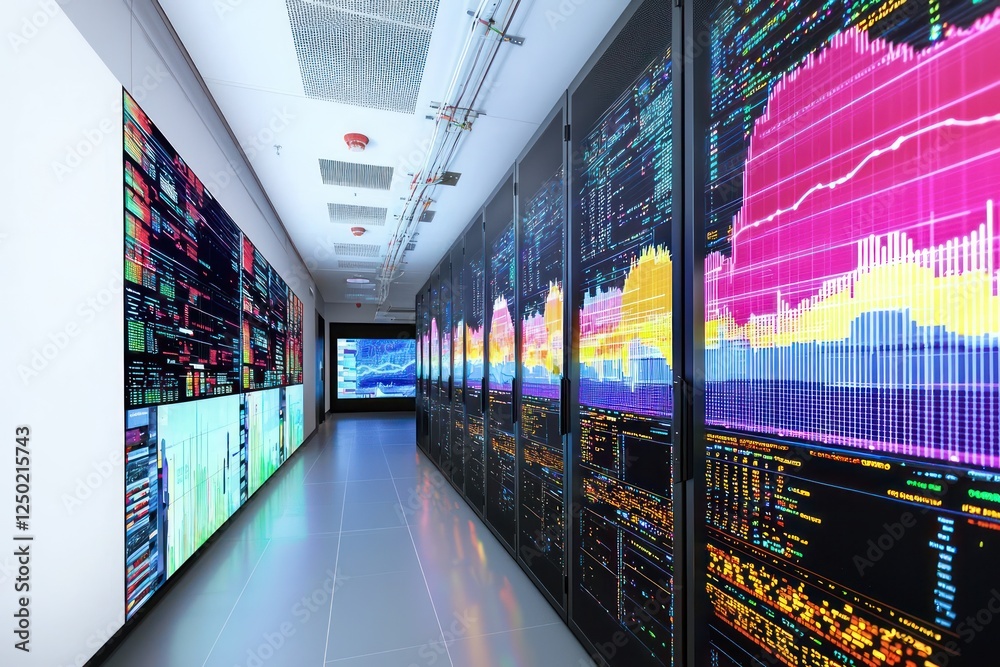 Art meets tech in a server room where LED screens display data visually ...
