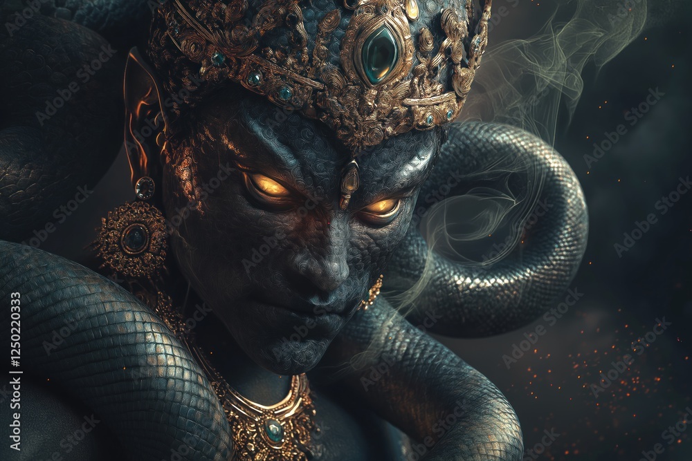 serpent deity illustration, dark iridescent demon god with humanoid ...