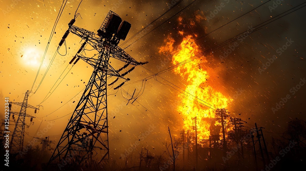 Dramatic scene of a power plant engulfed in flames due to severe ...