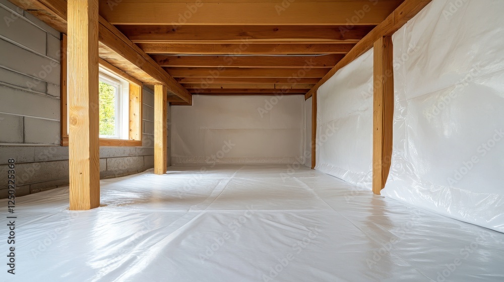 Encapsulated crawl space with a moisture barrier, wooden beams, and a ...