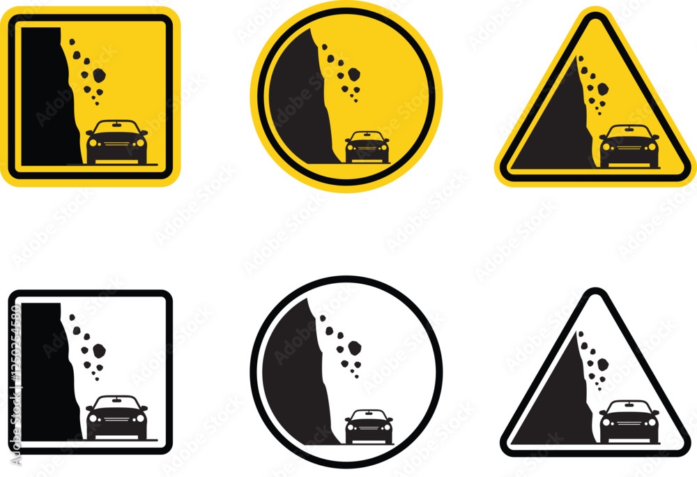 Hazard landslide sign isolated on white background. Falling rocks sign. Warning sign. Traffic ...