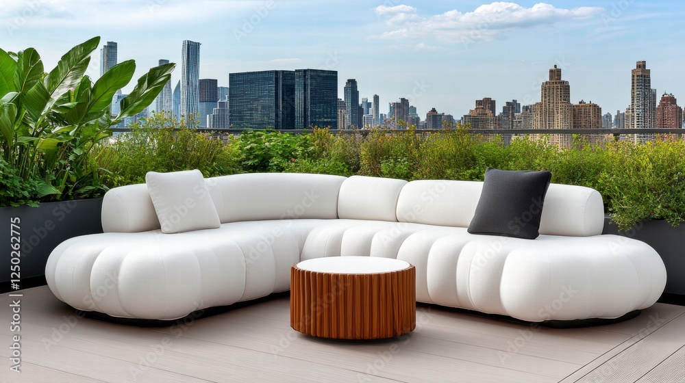 White Modular Sofa and Wooden Coffee Table on Rooftop Terrace with City ...