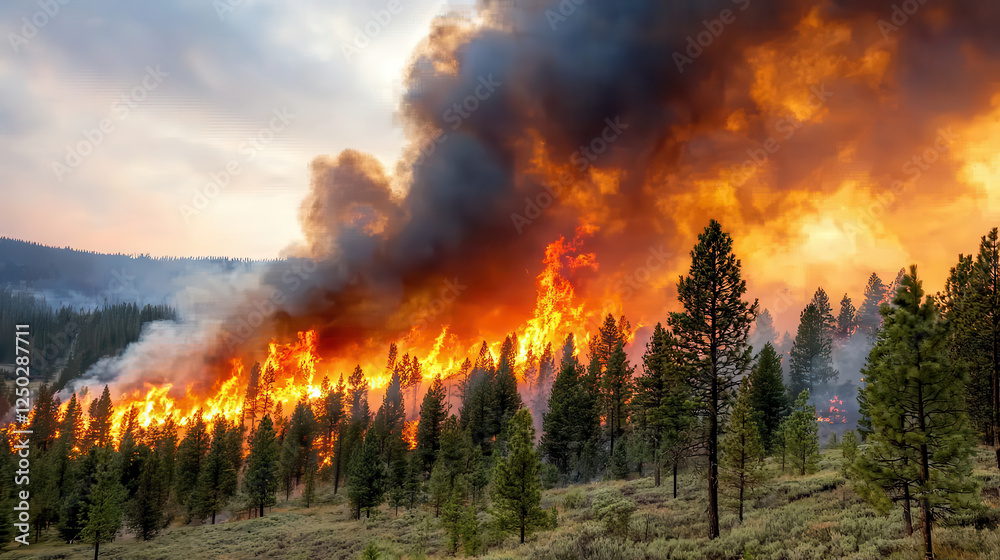 raging wildfire consuming dense forest, with flames and thick smoke rising into sky, creating ...