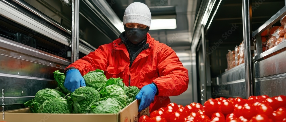 Carefully loading perishable goods into refrigerated truck grocery ...
