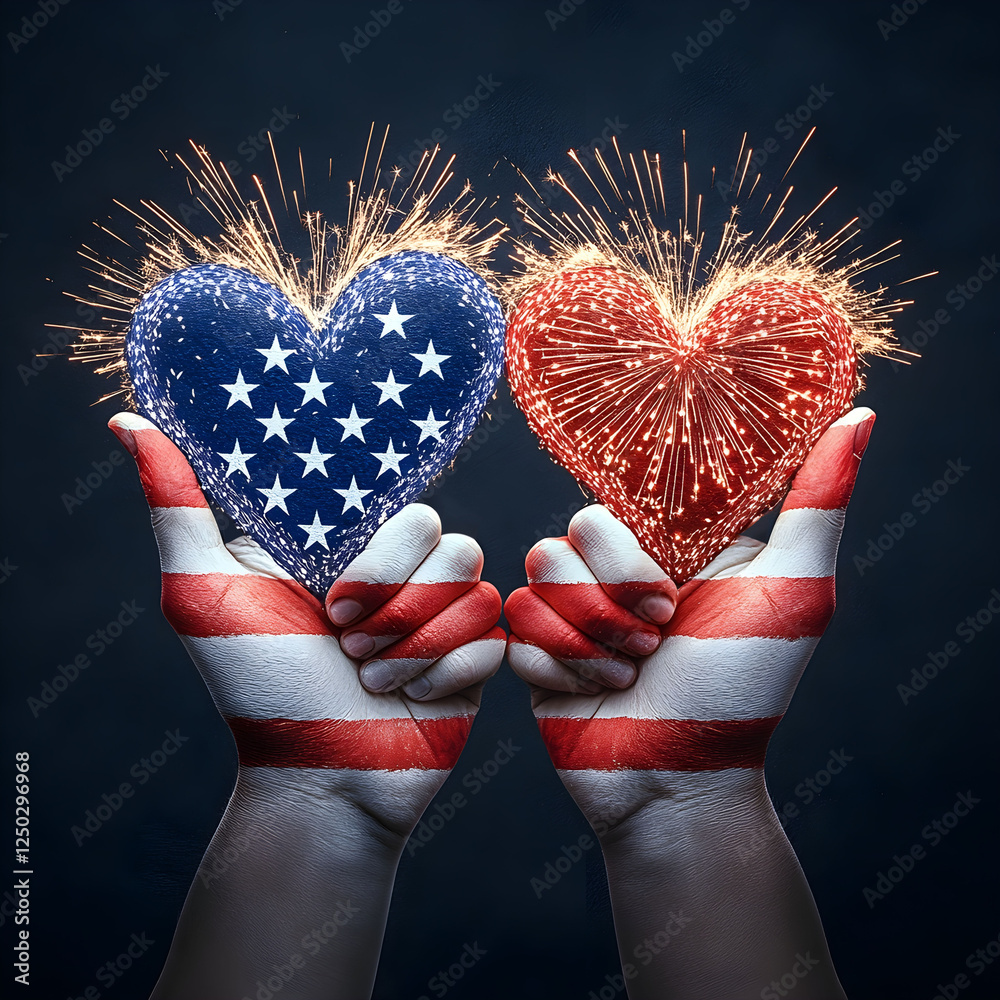 Hands with patriotic painted flags holding two hearts, one resembling ...