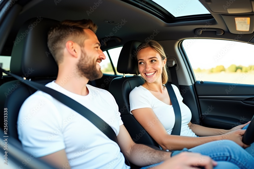 Young Couple Enjoying a Scenic Drive Together in a Car, Smiling and ...