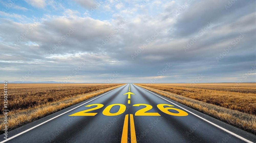Road to 2026 with an empty road with written 2026 and arrow pointing towards the horizon. new ...