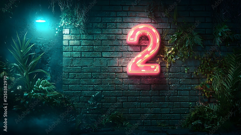 Glowing neon number 2 sign mounted on a dark industrial style brick ...