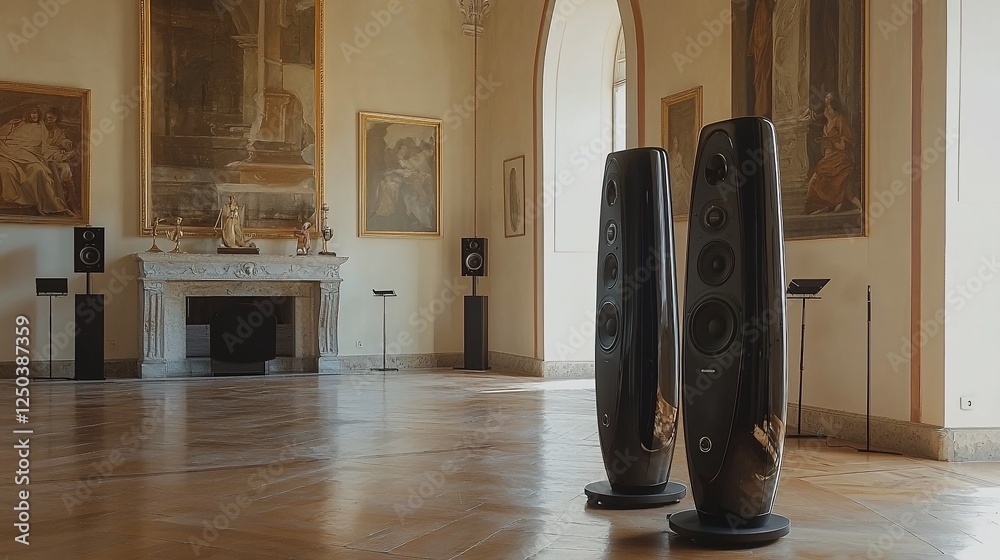 Elegant speakers in grand hall, art background, audiophile listening ...