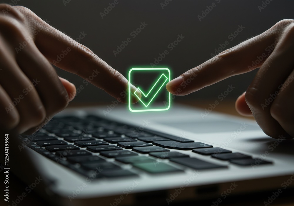 laptop keyboard, finger pressing key, digital checkm ark, green neon ...