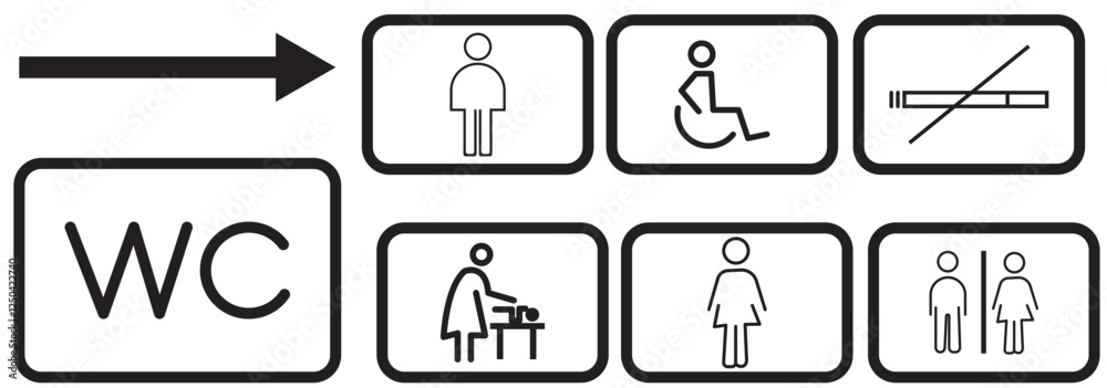 Toilet line icon set. WC sign. Man, woman, shower, mother with baby ...