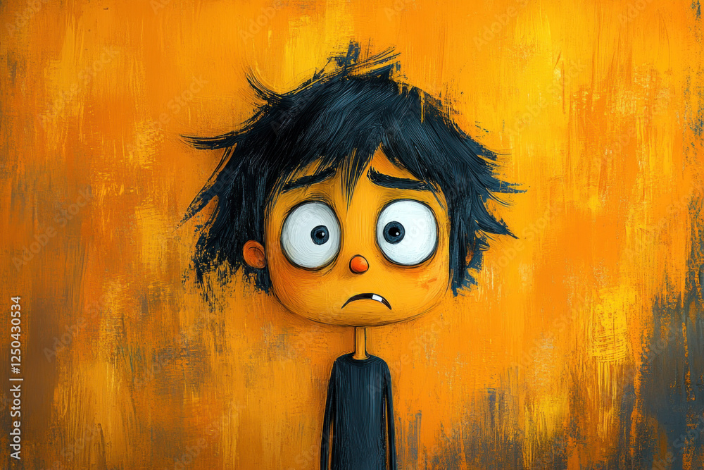 The painting depicts a boy with a sad expression, his eyes downcast and ...