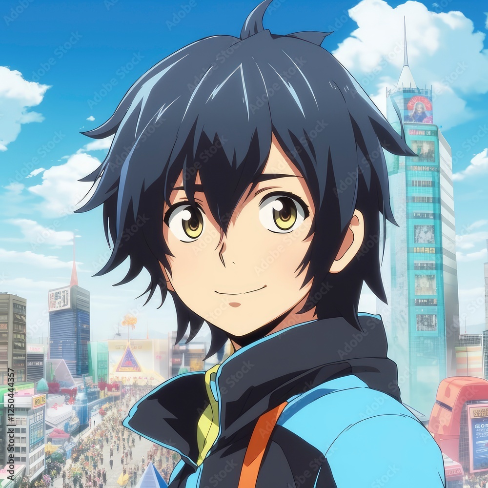 Young boy anime style character. Manga Anime Boy in colorful background ...